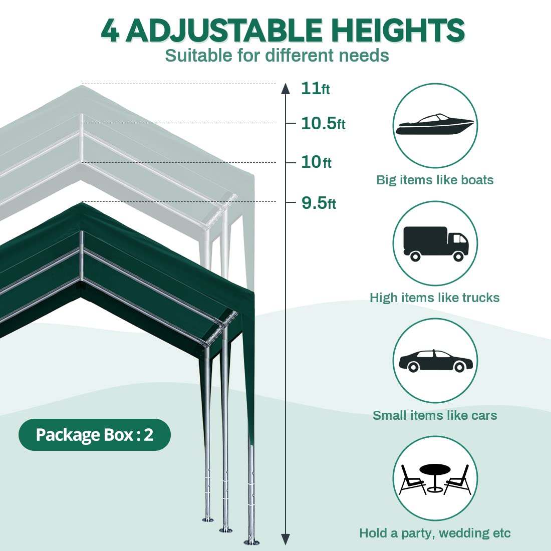 ADVANCE OUTDOOR 10x20 ft Carport with Adjustable Height from 9.5 ft to 11 ft, Heavy Duty Car Canopy Garage Party Tent Boat Shelter, Green