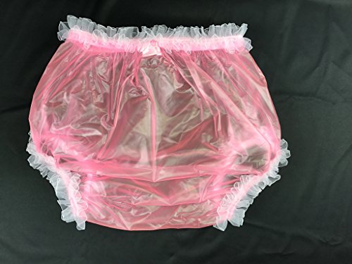 Haian Adult Incontinence Pull-on Plastic Pants Lace Panties with White Lace (Large, Transparent Pink)