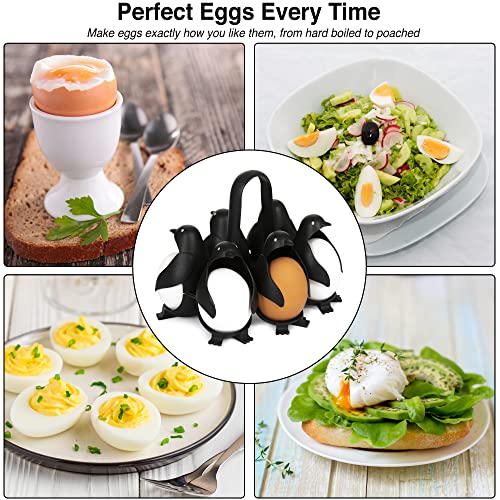 Egg Holder Hard Boiled Egg Cooker - Penguin Shaped Boiled Eggs Cooker - 3-In-1 Cook, Store And Serve Egg Holder Kitchen Gadget Home Decor - Egg Rack for 6 Soft or Hard Boiled Egg - Black