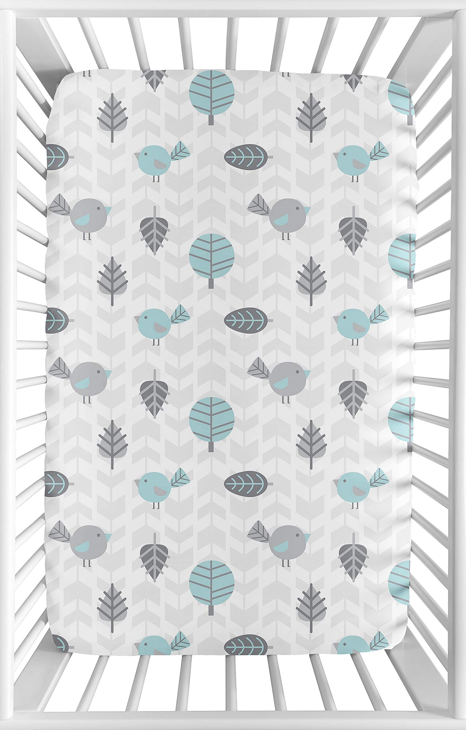 Sweet Jojo Designs Turquoise Blue, Gray and White Bird Baby Boy or Girl Unisex Fitted Mini Portable Crib Sheet for Earth and Sky Collection - for Mini Crib or Pack and Play ONLY