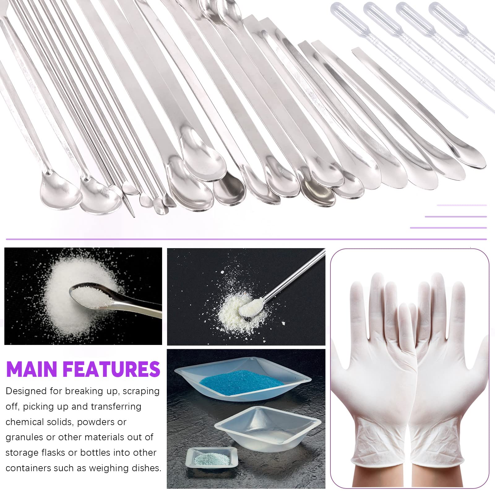 Swpeet 74Pcs Stainless Steel Micro Lab Scoop Spoon Lab Spatulas with 3ML Plastic Transfer Pipettes Kit, Pill Filler Tamper Tool Micro Spatula Steel Spoon Reagent Mixing Spatula Long Sampling Spoon