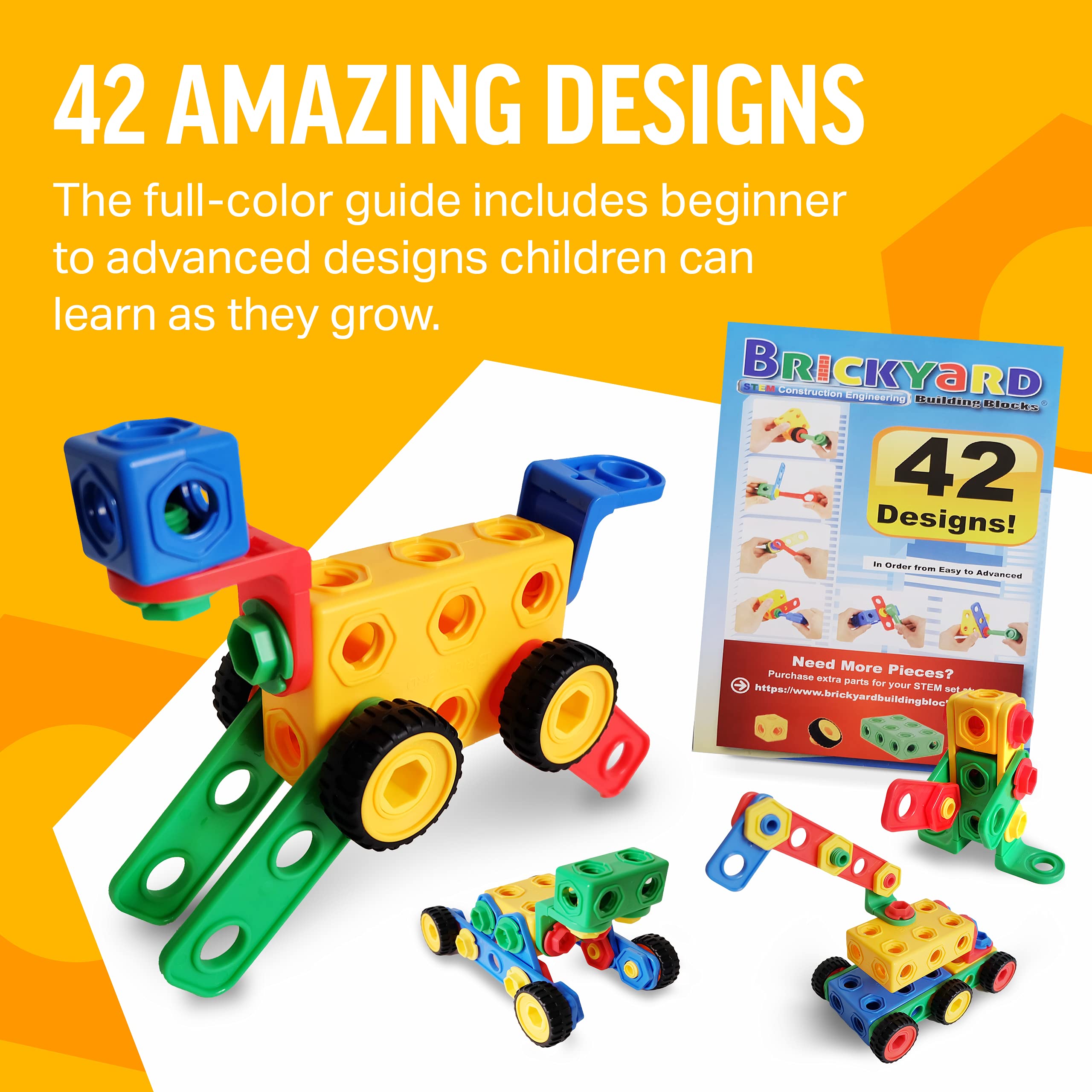 Brickyard Building Blocks STEM Toys - Educational Building Toys for Kids Ages 4-8 with 163 Pieces, Tools, Design Guide and Toy Storage Box, Easter Basket Stuffers Gift for Boys & Girls
