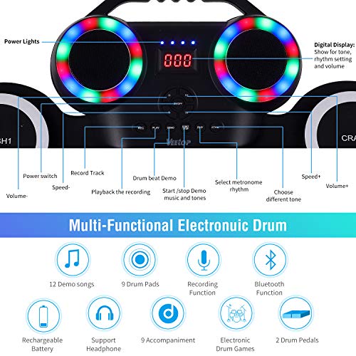 9 Pads Electronic Drum Set Roll up LED Lights Pratice Drum,Bluetooth,MIDI,Built-in Speaker,Long Hours Playtime Portable Drum,Birthday Festival Gift for Kids and Beginners