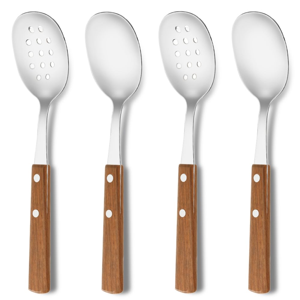 4-Piece Serving Spoons Set - Includes 2 Serving Spoons and 2 Slotted Spoons, 18/8(304) Stainless Steel Buffet Serving Utensils,Stainless Steel Wooden Serving Utensil