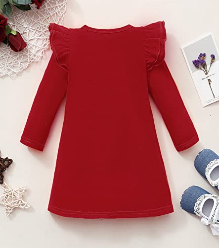 Toddler Baby Girl Solid Color Dress Kids Long Sleeve Ruffle Skirt Playwear (Red, 4-5T)