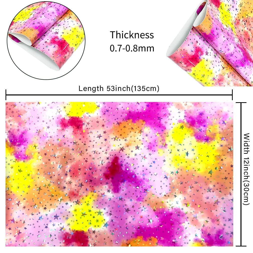 HYANG Holographic Rainbow Smudges Stars PU Faux Leather 1 Roll 12"X53"(30cmX135cm), Faux Leather Very Suitable for Crafts Making Leather Earrings, Bows, Handbag ，Sewing (Type 2)