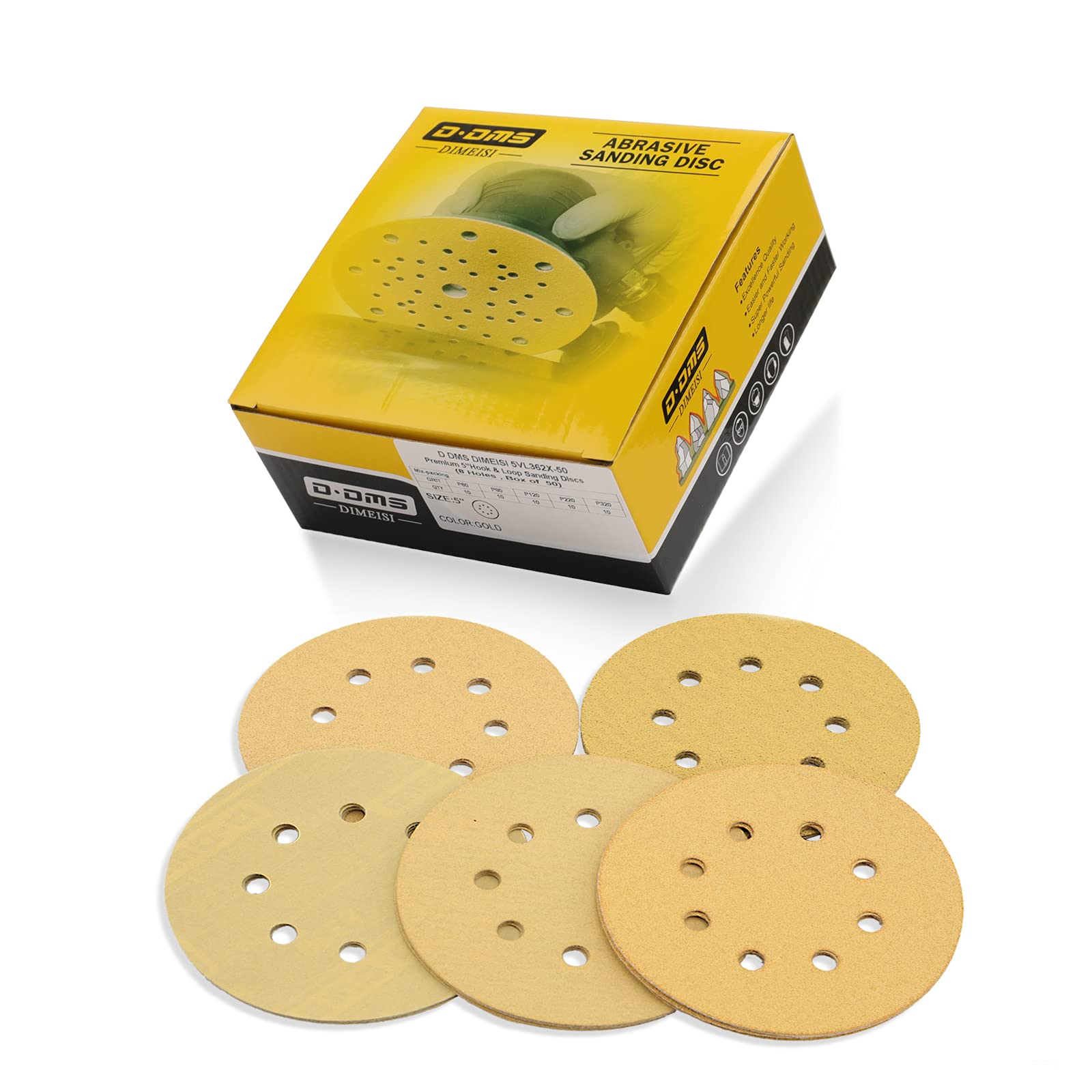 5 Inch 8 Hole Hook and Loop Sanding Discs, 10 of Each Grit (60 80 120 220 320), 50PCS Gold Orbital Sander Sandpaper, Sharp Cutting and More Durable - D DMS DIMEISI 362X