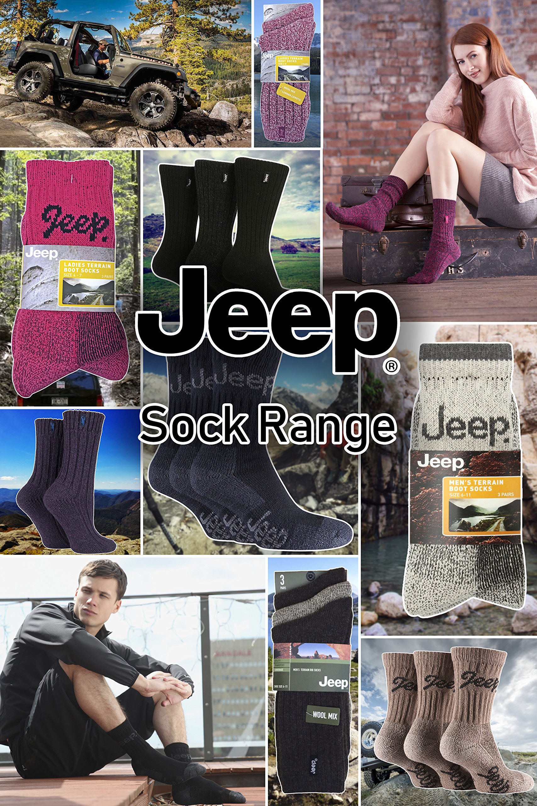 3 pairs Men's Jeep Terrain walking hiking Cushioned Boot Socks Black 7-12 us