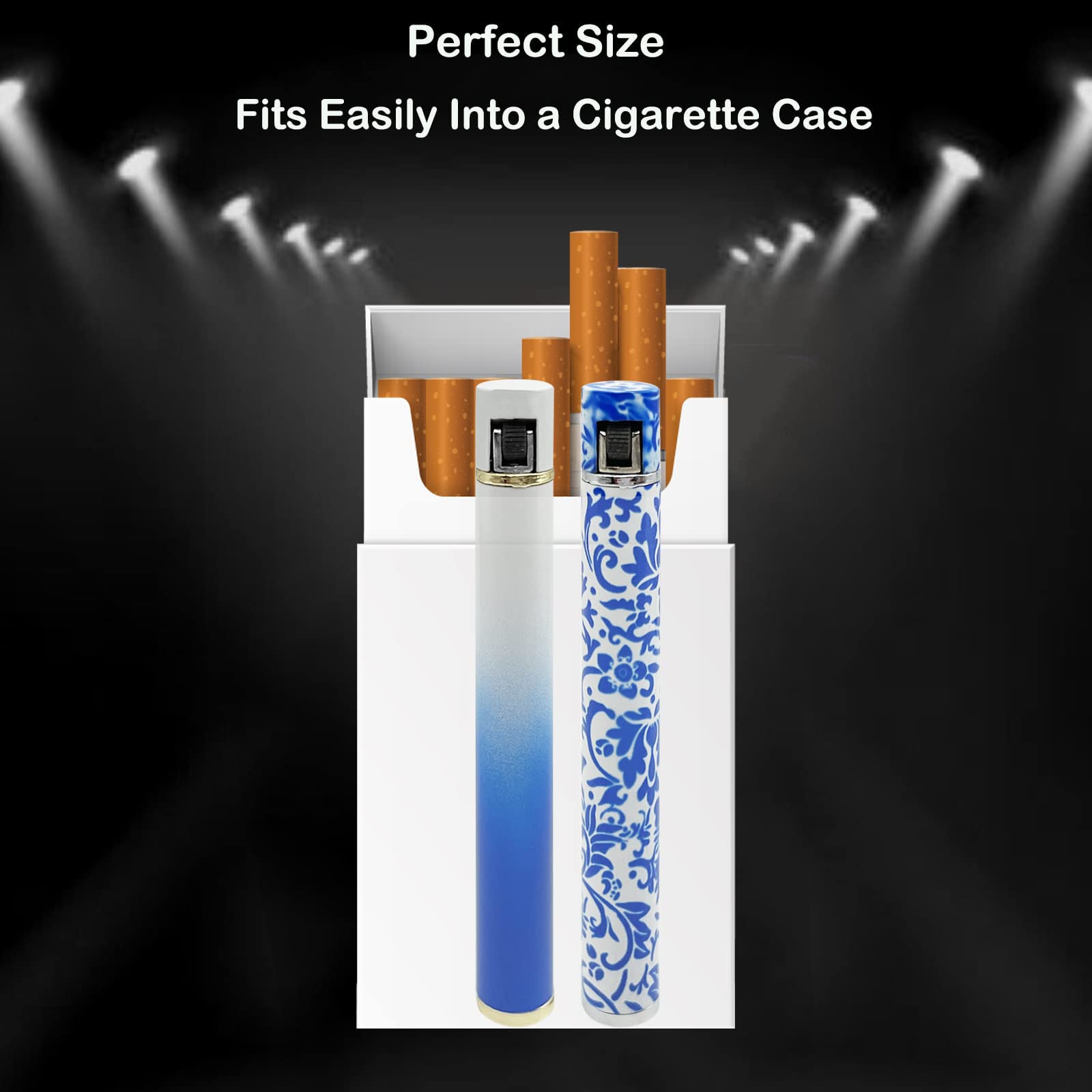 2pcs Torch Lighter, Mini Cylindrical Strip Refillable Gas Lighter, Portable Adjustable Soft Flame Lighter for Kitchen, Indoor,Outdoor,Grill,Camping(without Butane Gas)-Blue White Porcelain/Blue White