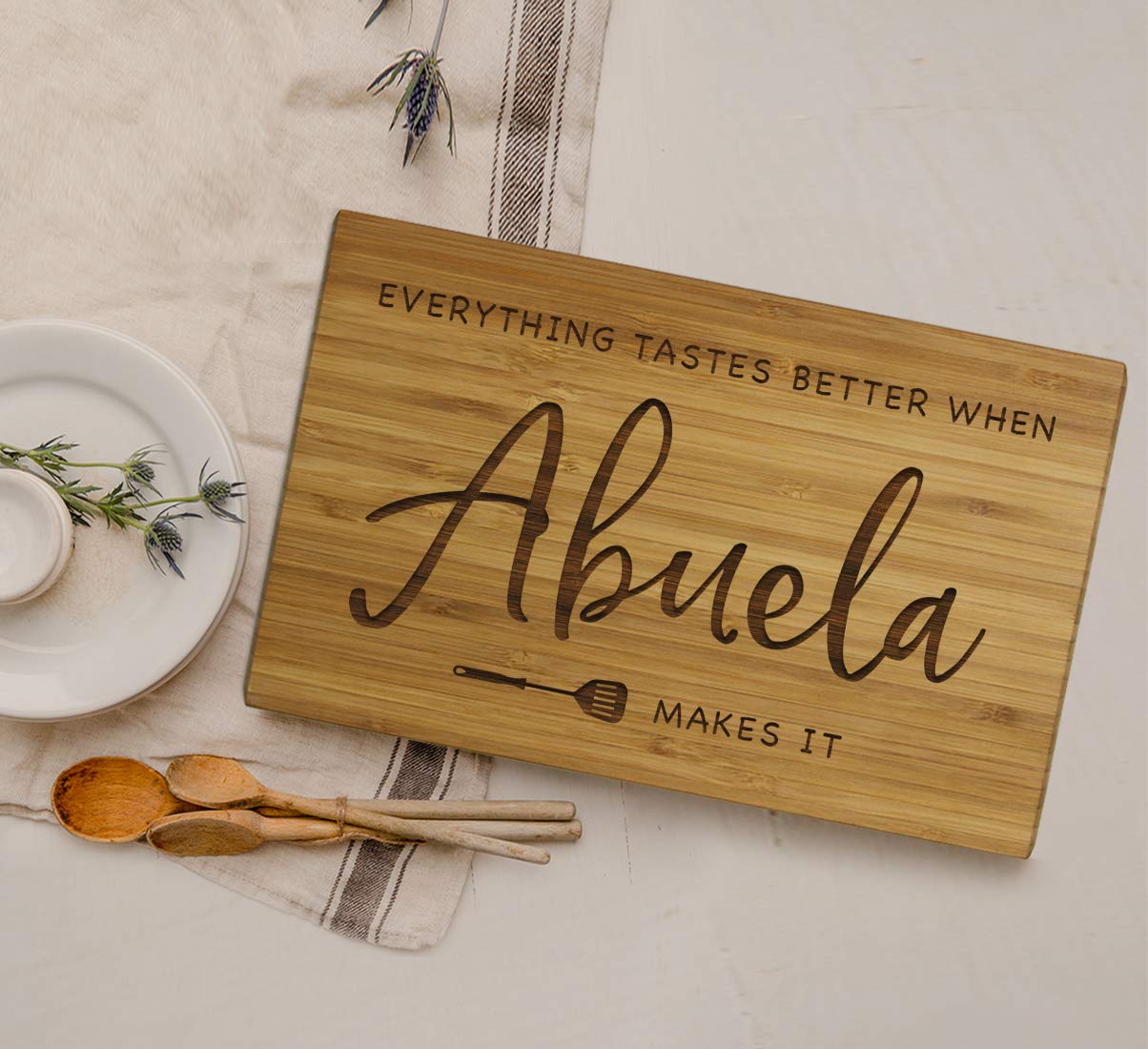 Andaz Press Large Bamboo Wood BBQ Cutting Board Gift, 17.75 x 11-inch, Everything Tastes Better When Abuela Makes It, 1-Pack, Engraved Serving Chopping Board Christmas Birthday Chef Kitchen Ideas