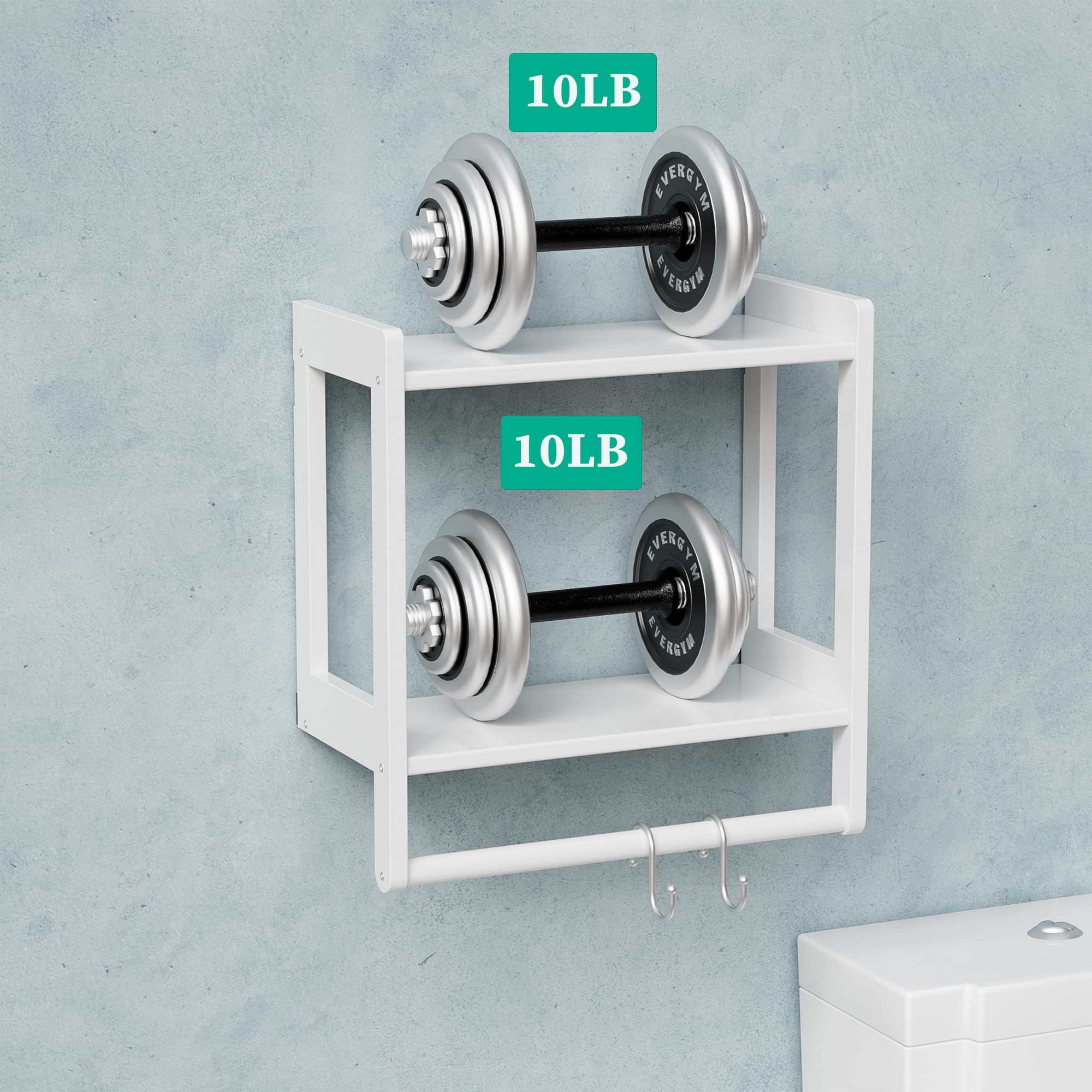 ADREMAN Bathroom Shelf Wall, Over The Toilet Storage Shelves Bamboo Bathroom Shelf Organizer Floating Wall Mounted with Hook and Hanging Rod for Bathroom,Kitchen,Toilet,Living Room (White)