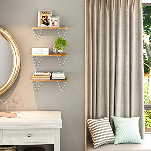 Wallniture Colmar Wood Floating Shelves for Wall Storage, Wall Shelves for Living Room Decor, Burned Finish Plant Shelf with White Shelves Brackets, Set of 3