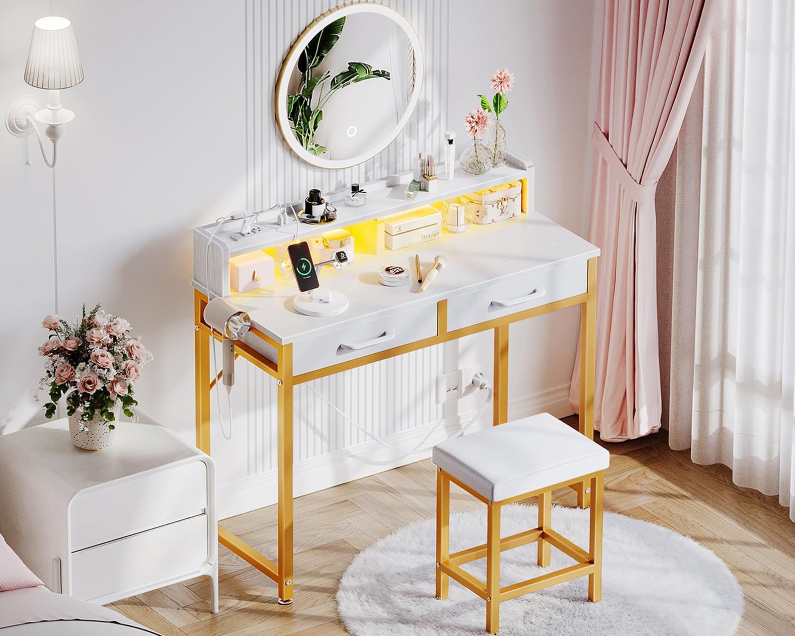 AODK Vanity Desk with Vanity Chair, Makeup Vanity with LED Lights, White Small Vanity Desk Without Mirror, 32 Inch Makeup Table for Small Space with 2 Fabric Drawers, Desk Make Up Vanity for Girls