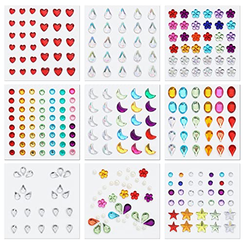 9 Sheets Festival Face Gems Stick on, Self-Adhesive Face Jewels Stickers Face Diamonds Rhinestones for Makeup, Nail Gems Stickers for Face Eye Arm Body Nail Decoration Party (Multicolored)
