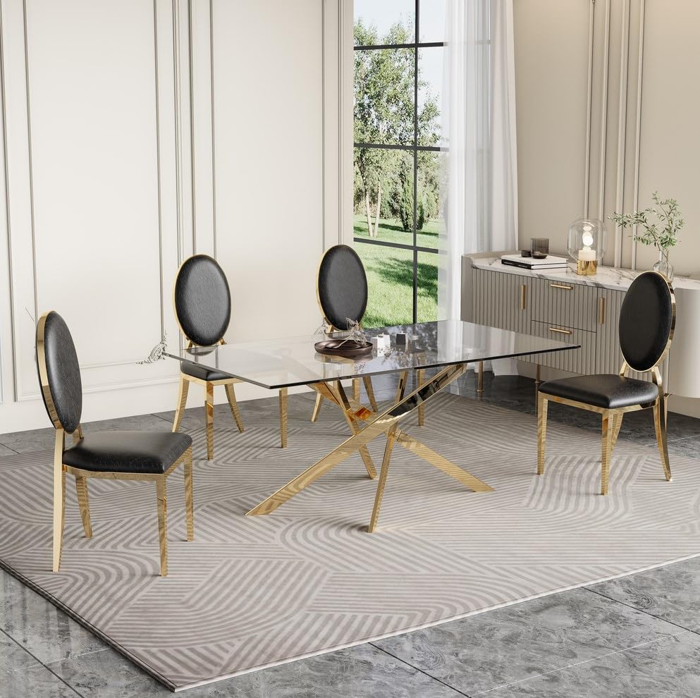 47β Round Dining Table for 4, 0.39" Tempered Glass Dining Table, Small Dining Table with Gold Stainless Steel Base, Round Clear Kitchen Table Writing Table Desk for Dining Kitchen