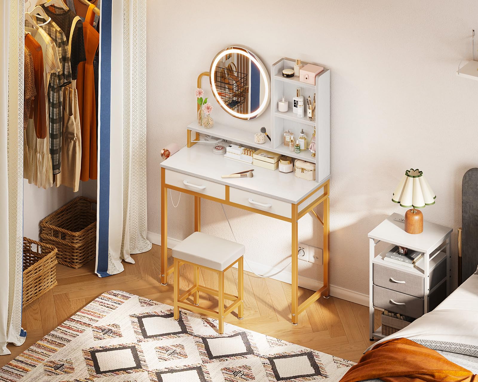 AODK Vanity Desk with Mirror and Lights, 32 Inch Makeup Vanity Mirror with Lights Desk and Chair, Small Vanity Desk Mirror for Bedroom, White Vanity Table with Fabric Drawers Makeup Table Desk, White