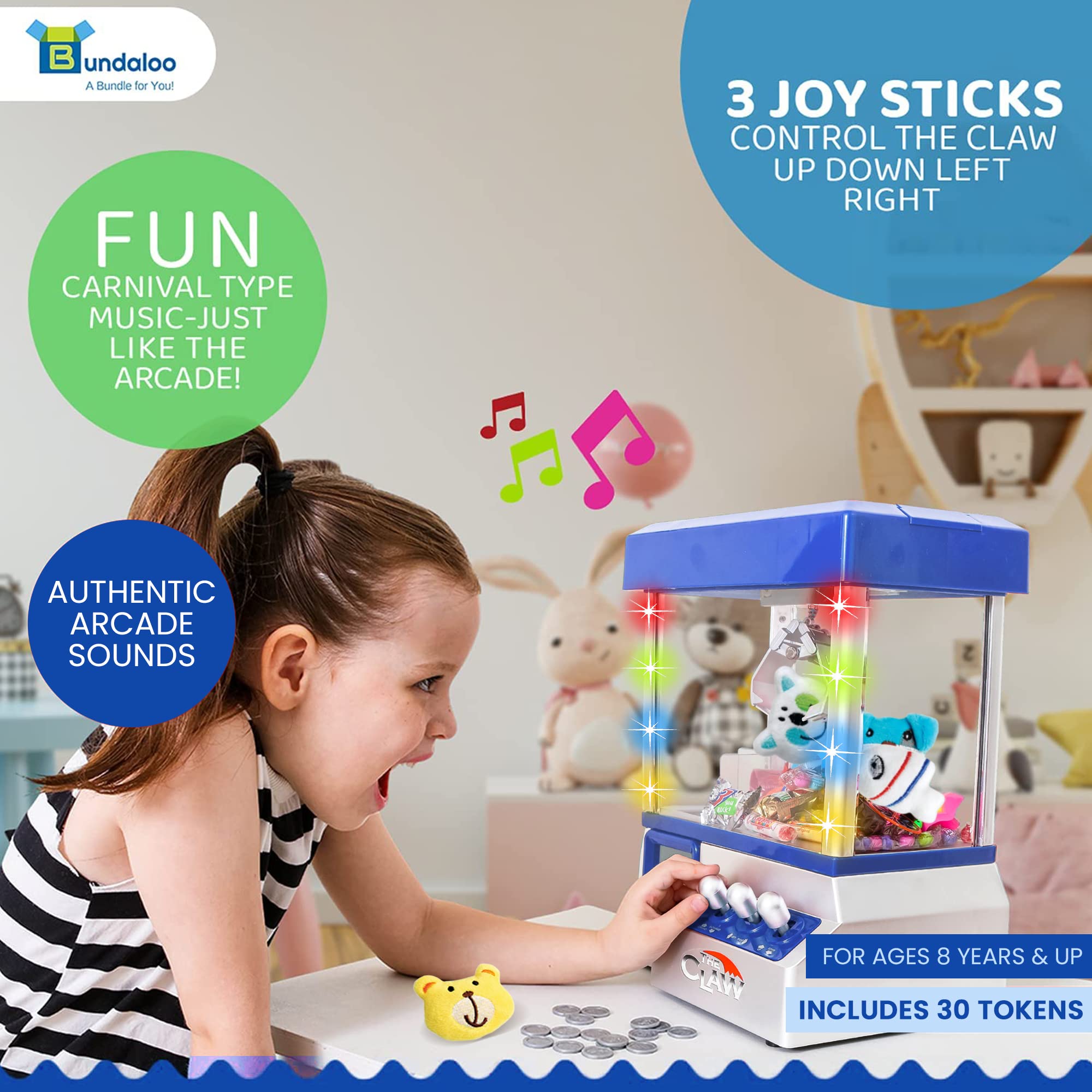 Bundaloo Claw Machine Arcade Game - Electronic Mini Candy and Toy Grabber Dispenser for Kids - with Lights Sound & 4 Mini Plush Animals (Blue)