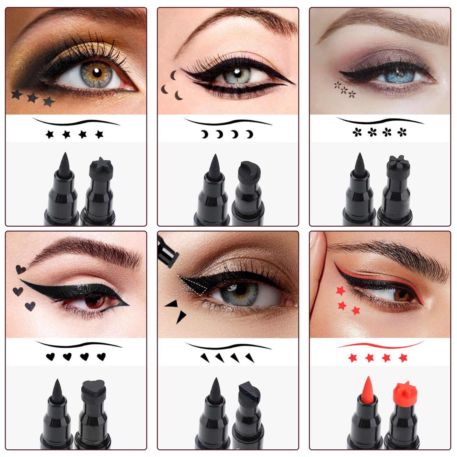 Pinkiou Eyeliner Pen with Eye Makeup Stamp Waterproof Double Sided Long Lasting Seal Eyeliner (6 in 1)