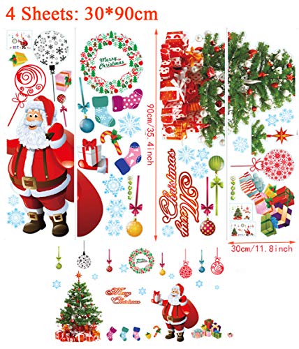 YULOONG Christmas Windows Static Stickers Clings Removable Vinyl Santa Claus Christmas Tree Snowman Snowflake Deer DIY Wall Window Door Mural Showcase Decal Sticker