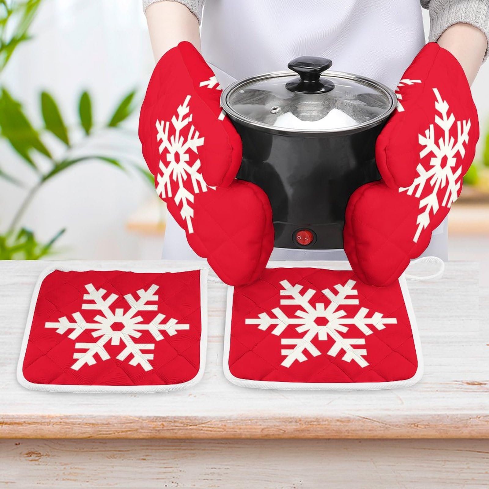 4PCS Oven Mitts and Pot Holders Sets, Red and White Snowflakes Oven Mitts Set Heat Resistant Kitchen Microwave Gloves Safe for Baking,Cooking, BBQ