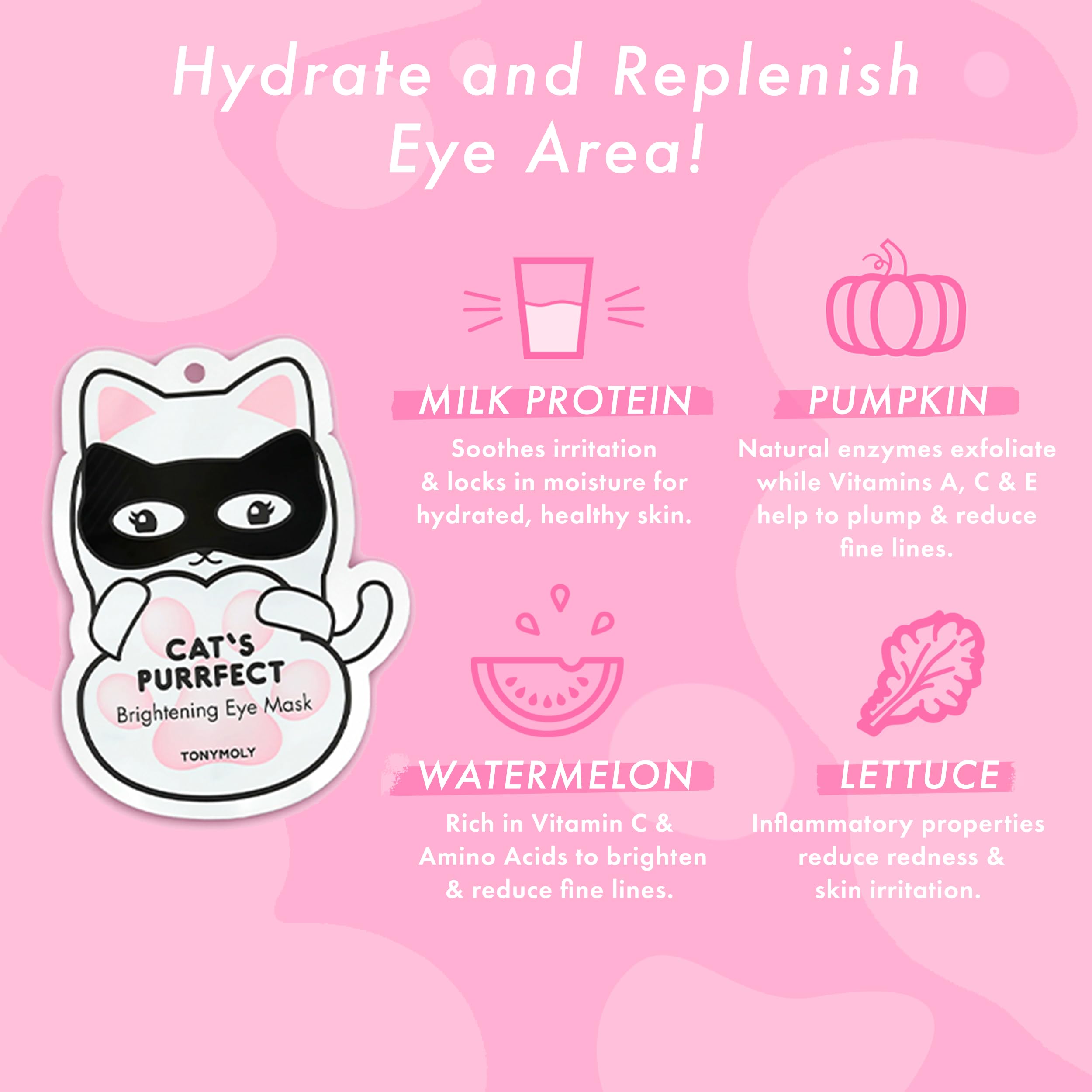 TONYMOLY Cat's Purrfect Brightening Eye Mask, Valentines Gifts, Strengthening Eye Cream, Softens and Hydrates with Milk Protein, 3 ct.