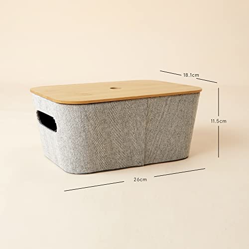 LA JOLIE MUSE Modern Basket with Bamboo Lids, Mid-Century Stackable Storage Basket Bins for Shelves Office Home Organizing, Decorative Tweed Fabric Organizer Container Set of 2, Light Grey