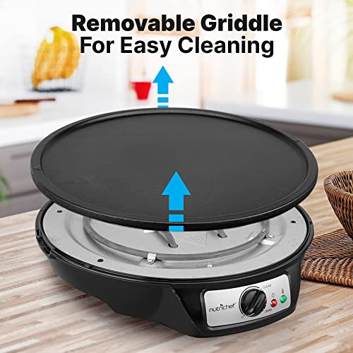 Electric Crepe Maker & Griddle -Easy to Clean Detachable Nonstick Cooktop - Cooks Crepes Bacon, Tortillas & Omelets - 12inch Cook Area with Adjustable Temperature - Includes Spatula & Batter Spreader