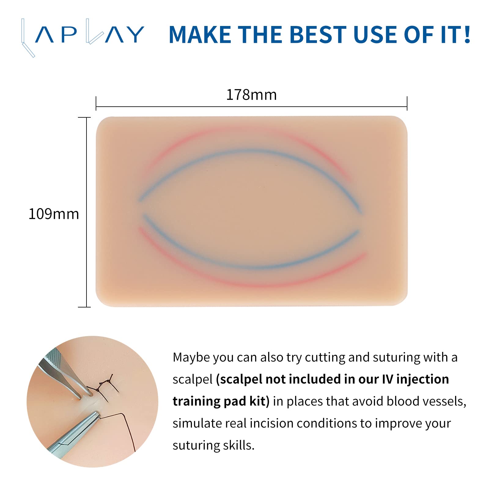 LAPLAY IV Injection Training Pad Model, 4 Veins Imbedded 3 Skin Layers, Reusable and Durable for Doctors, Nurses, Veterinarians Practice Injection