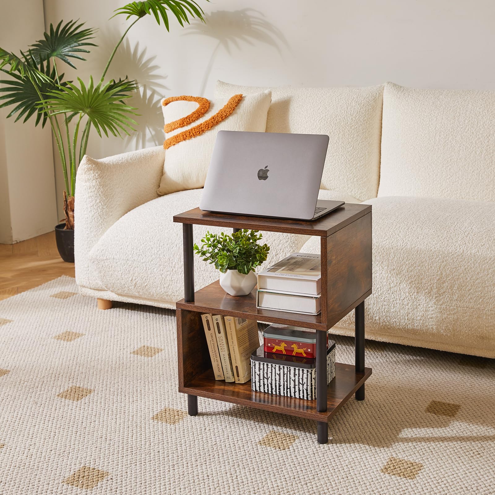 Aibiju Side Table for Bedroom, Narrow End Table Small, Mid-Century Modern Nightstand with Open Storage Shelf, Small Table Rustic Brown/Black YD-TM152H