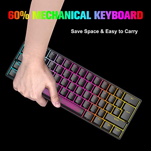 60% Mechanical Gaming Keyboard Mini Portable with RGB Backlit Full Anti-Ghosting 61 Key Ergonomic Metal Plate Wired Type-C USB Waterproof for Typist Laptop PC Mac Gamer(Black Keycap/Blue Switch)
