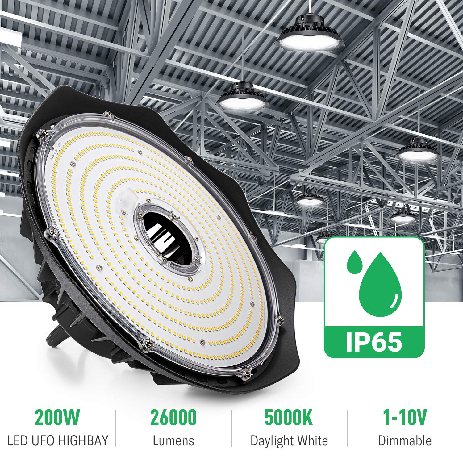 A ANTEN 5000K Coollight UFO High Bay Light, 200W 26000LM 1-10V Dimmable High Bay Light Fixture for Mall Garage Warehouse Workshop, 240w Perfect Alternatives, 4.92ft Cable with US Hook UL/DLC Approved