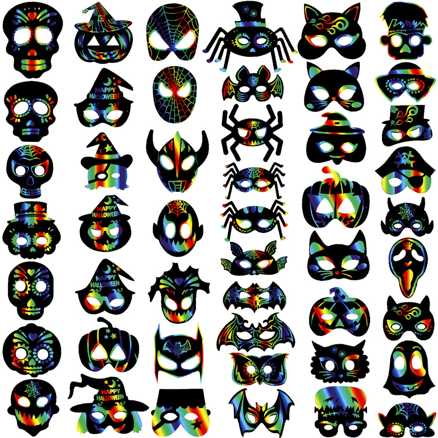 48PCS Halloween Rainbow Scratch Mask Art Craft Kit, Bat Witch Pumpkin Zombie Pirate Skull Magic Scratch Paper Art Mask for Halloween Party Crafts Classroom Decorations