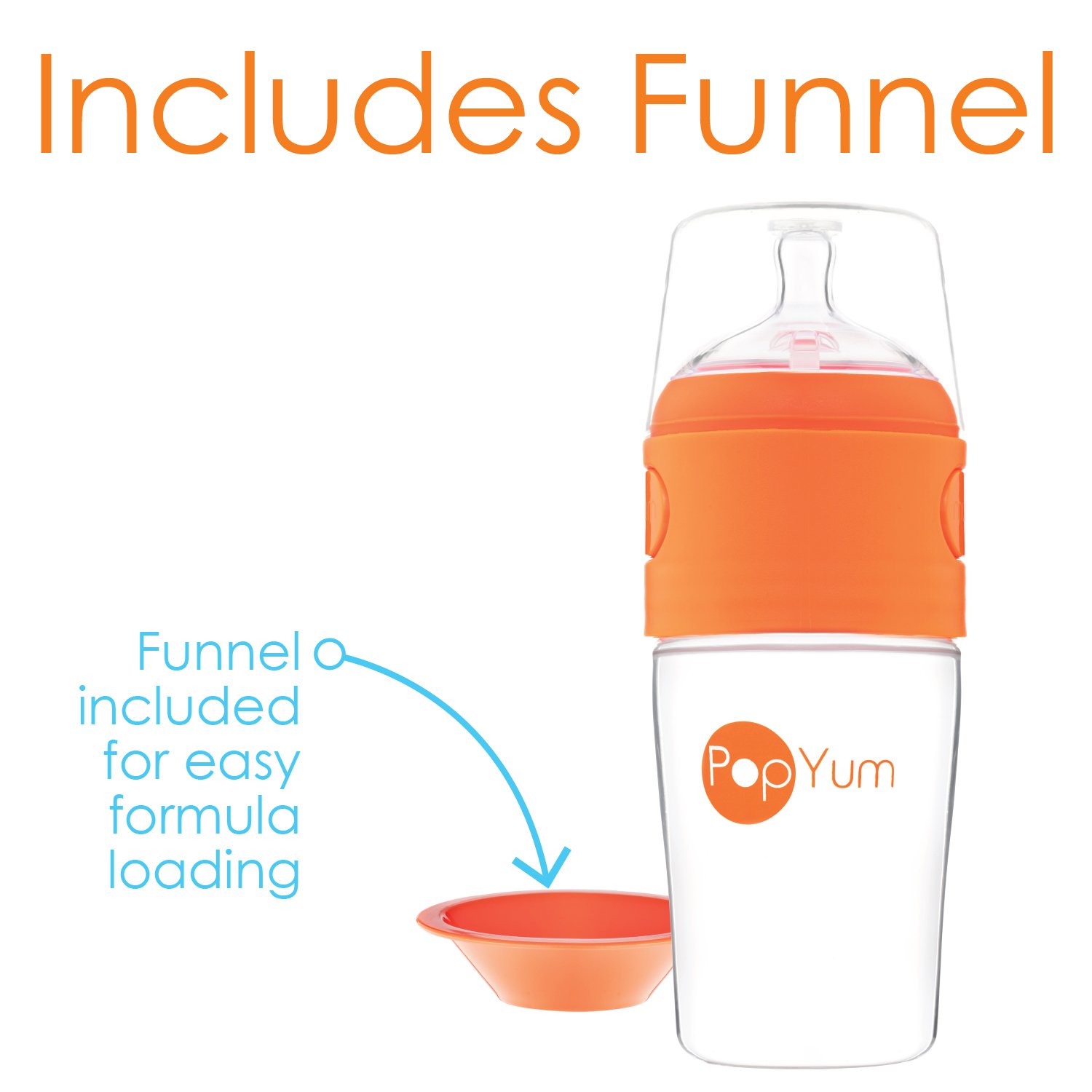 PopYum 9 oz Orange Anti-Colic Formula Making/Mixing/Dispenser Baby Bottles, 3-Pack with #2 Medium Flow Nipples, 260 ml, BPA-Free, Natural Latch