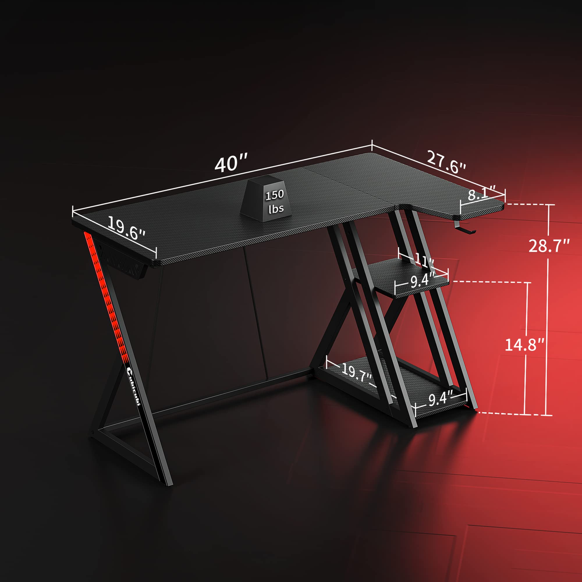 CubiCubi Carrier Gaming Desk 47 inch Gamer Workstation, Home Computer Carbon Fiber Surface Gaming Desk PC Table with Monitor Stand