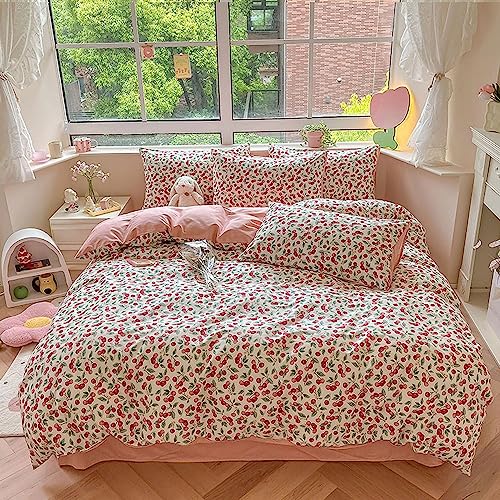 Cherry Duvet Cover Set, 100% Cotton Pure Cotton Printing,Home Standard Four-piece Bedding Set Decorative, Deep Pocket, Warm, Super Soft, Breathable Sheets with 2 Pillow Shams, Red ( Size : A2.0m4pcs )