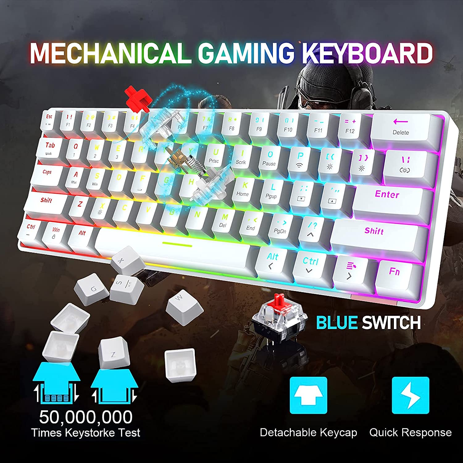 60% Wireless Mechanical Keyboard and Wired Mouse,Chroma RGB 12 LED Backlit Type C Wired 61 Keys Compact Gaming Keyboard Bluetooth 5.0 Blue Switch,RGB Gaming Mouse 6400DPI for PC Laptop Gamer (Blue)