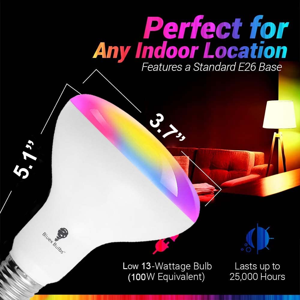 4 Pack BR30 WiFi Smart Light Bulbs - No Hub Required 13W (100W Watt Equivalent) Indoor Smart Bulb - Dimmable Compatible with Amazon Alexa Google Assistant and Smart Life Apps Smart Flood RGBCW Bulb