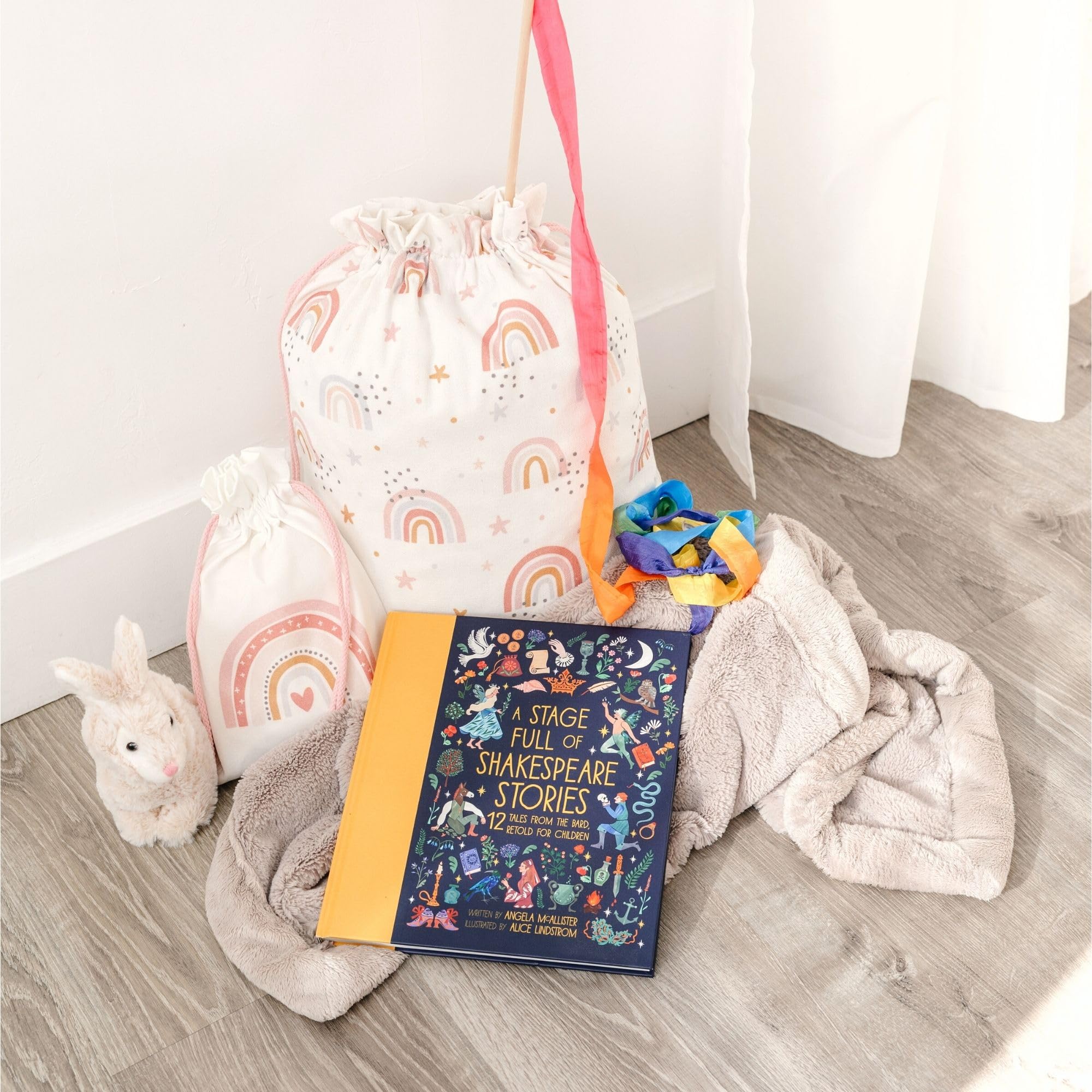 Gather & Knot Drawstring Gift Bags | 20" Large 12" Small | Premium Canvas | Reusable Fabric Wrap for Baby Shower or Girl Birthday | Rainbow