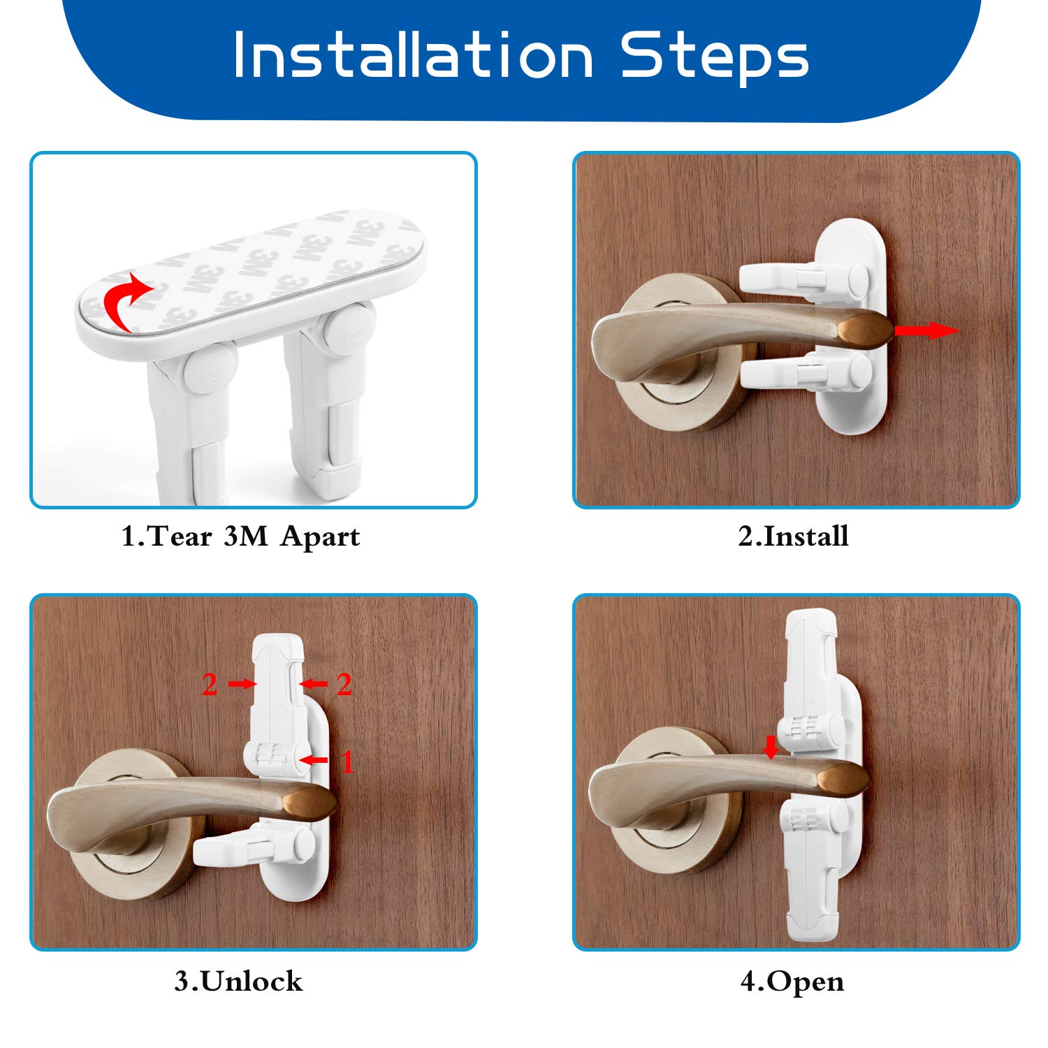 4 Pack Childproof Door Lever Lock Prevent Toddlers from Opening Doors.Unique Double Lock System Design.Easy to Install Without Any Screw Tools. (White)