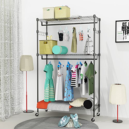 Kemanner Heavy Duty Rolling Garment Rack 3-Tiers Wire Shelving W/Double Rods & Lockable Wheels & 1 Pair Side Hooks - Hold Up to 400Lbs (Black, 2Rod 2Hook)
