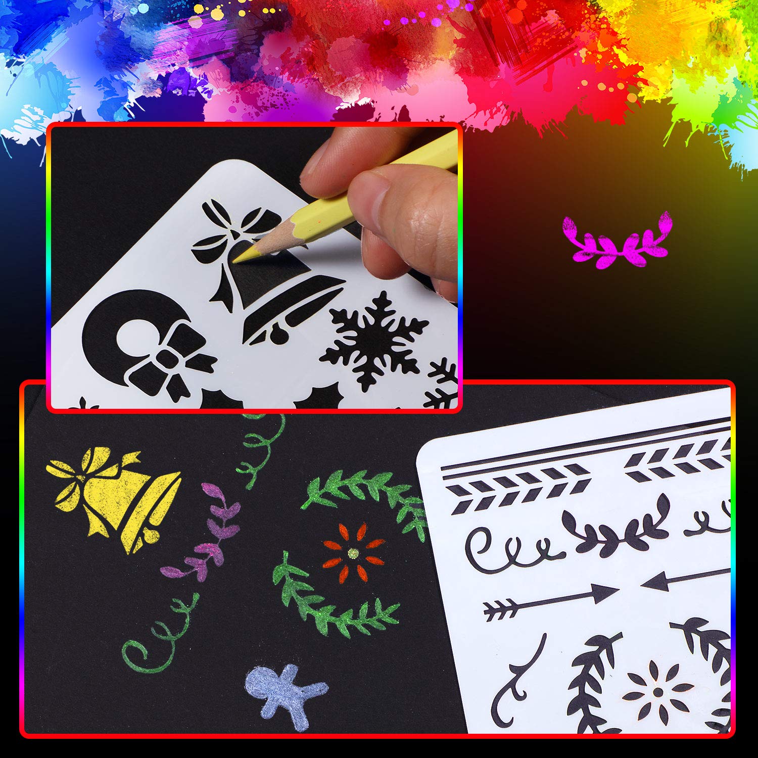 48 Pieces Journal Planner Stencils Plastic Bullet Stencil with A6 File Bag, Steel Ruler and 2 Pieces Metal Key Rings for Notebook, Diary, Scrapbook and DIY Drawing Template, Total 52 Pieces