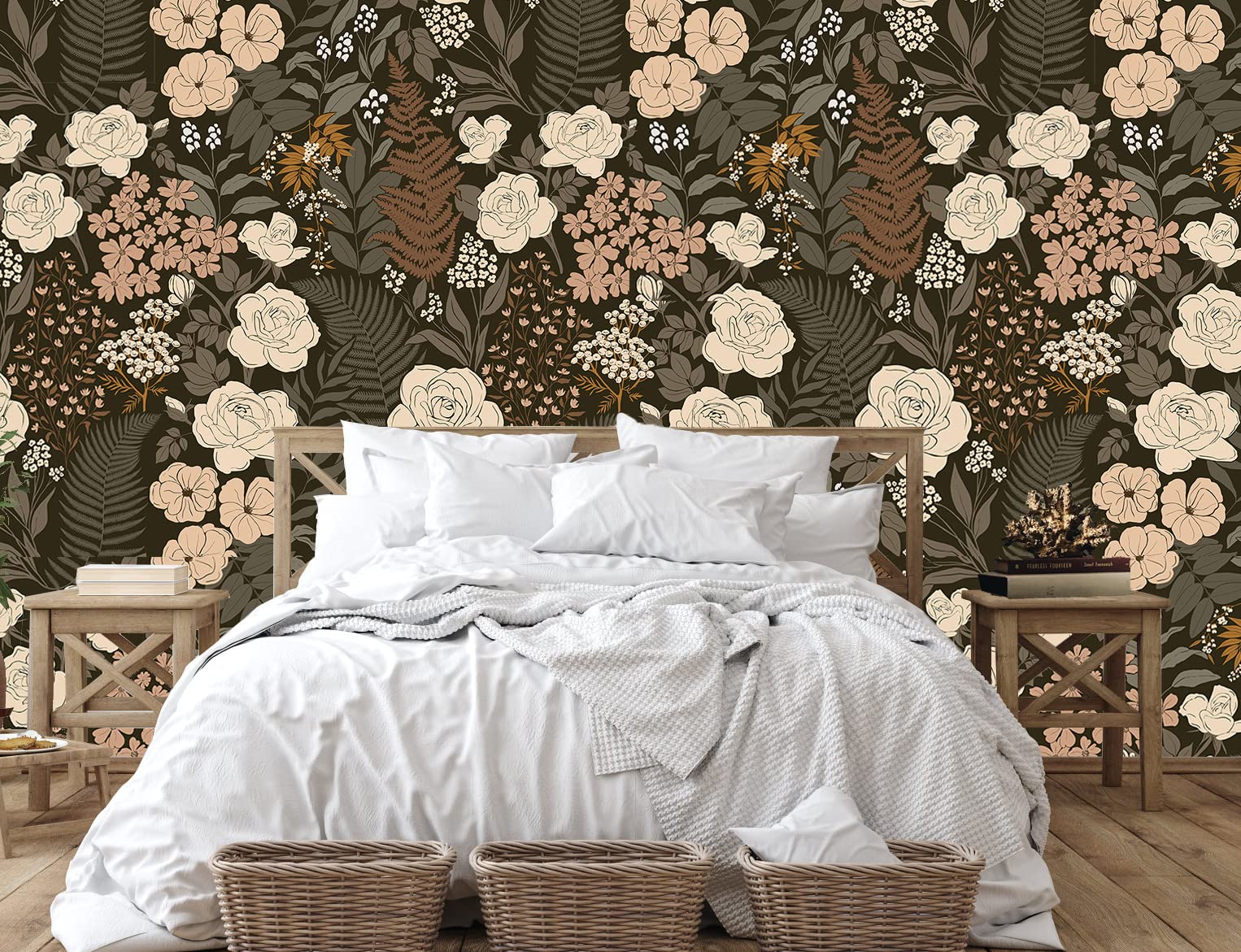 HAOKHOME Peel and Stick Wallpaper Floral Vintage Removable Rose Leaf Black/Brown/Beige Stick on Mural 17.7in x 9.8ft