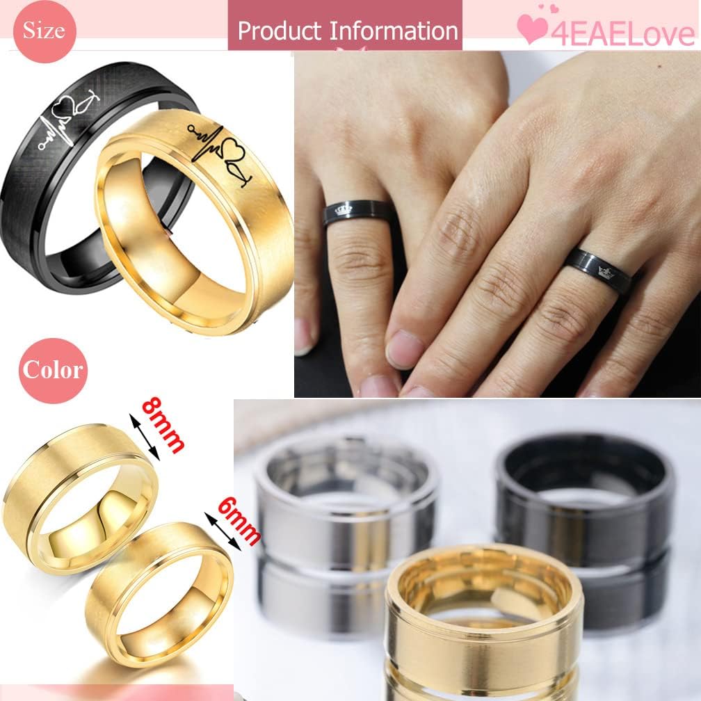 4EAELove ECG Dark Luminous Couple Rings Customize His Her Promise Heartbeat Glowing Rings Wedding Bands Titanium Stainless Steel Silver Golden (Silver-6mm/4mm, Custom)