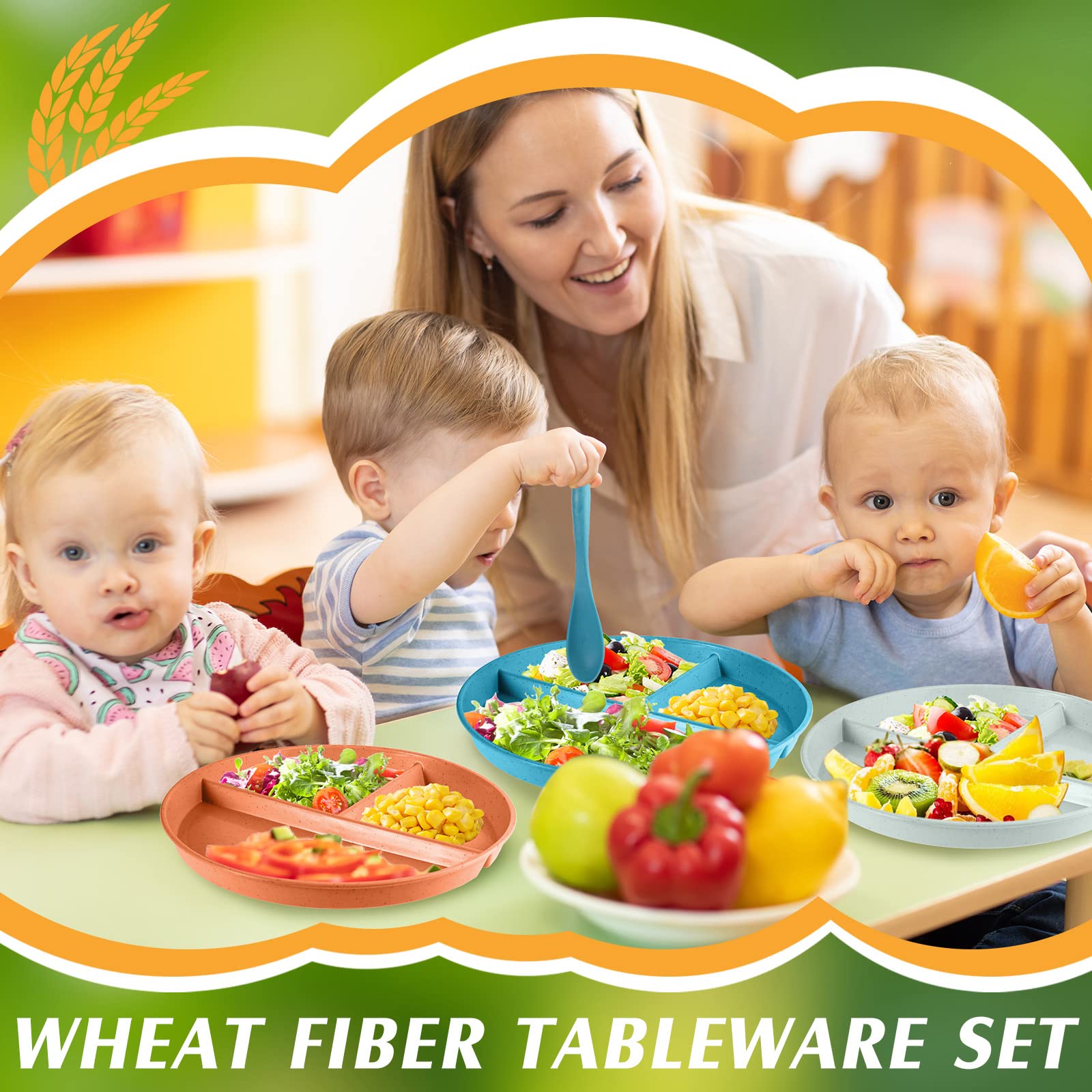 8 Set Unbreakable Wheat Straw Divided Dinner Plates 9 Inch Wheat Plastic Gridded Dinner Plates with Spoon Knife Fork Microwave Dishwasher Safe Wheat Straw Dinnerware Set for Kids Picnic Kitchen