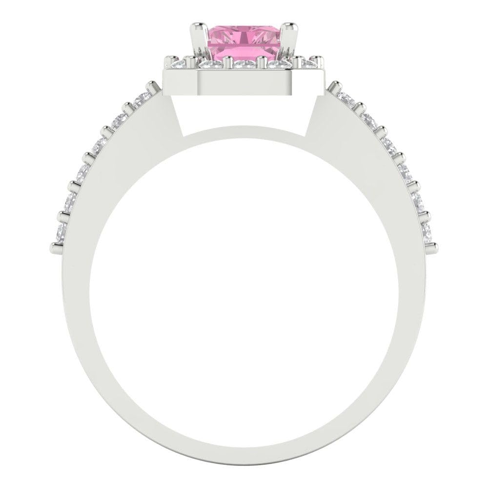 Clara Pucci 2.04ct Emerald Cut Custom Engraving Solitaire W/Accent Halo Pink Faux Diamond Statement Art Deco Ring 14k White Gold Size 8