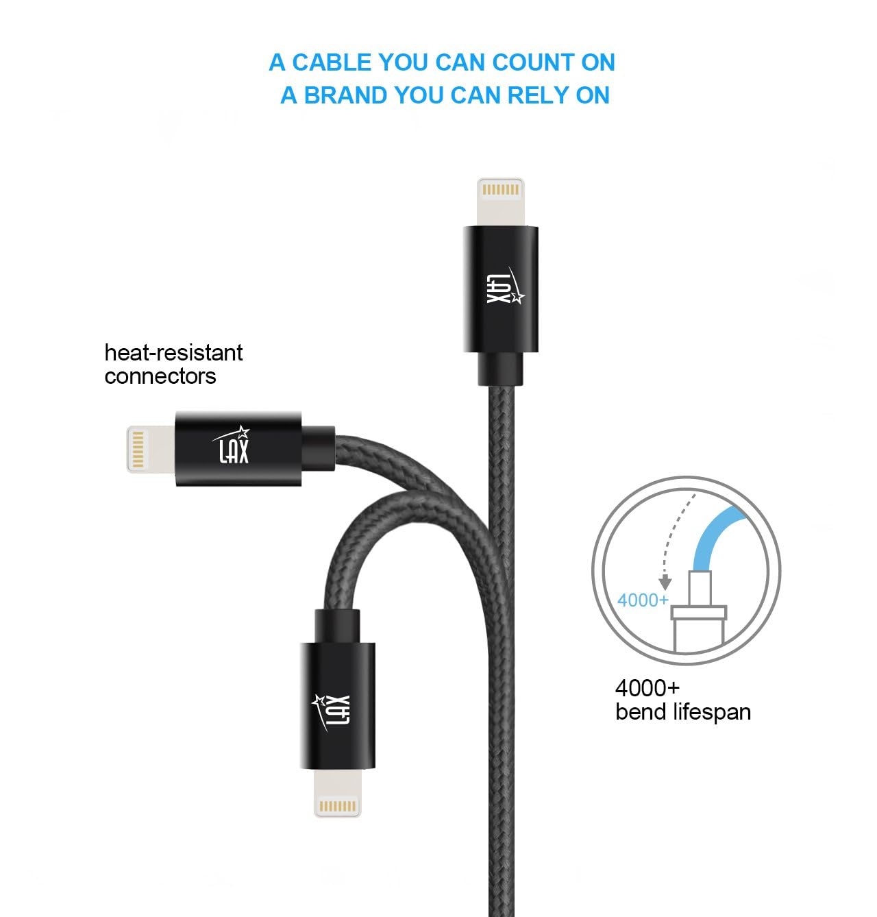 LAX iPhone Charger Lightning Cable - MFi Certified Durable Braided Apple Lightning USB Cord for iPhone 11/11 Pro Max/XS Max/X/iPad, iPod & More