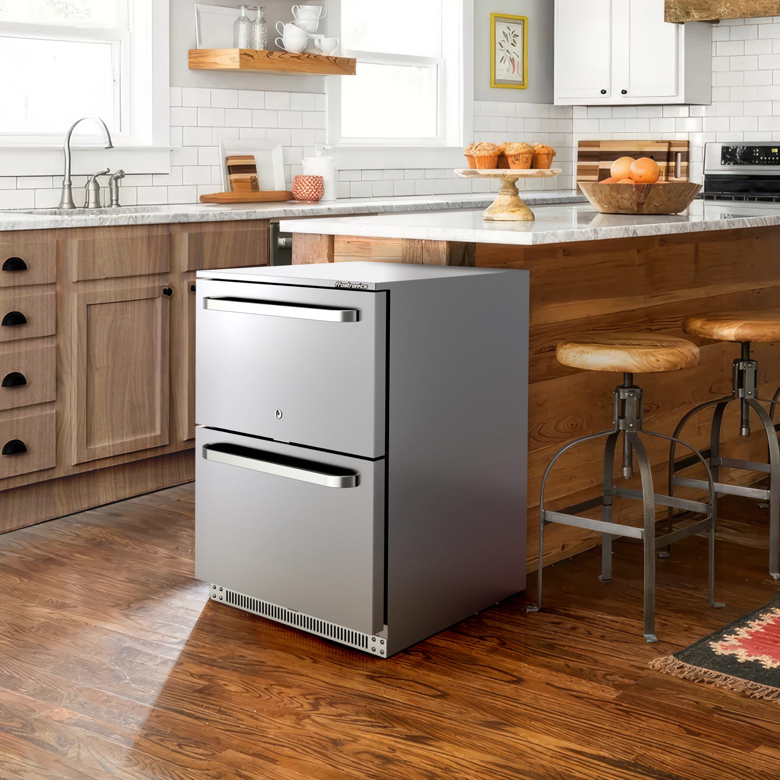 Frostronics 24 Inch Outdoor Drawer Beverage Refrigerator, 186 Can Outdoor Drawer Beverage Cooler with Dual Mode Lock, 5.47 cu. ft. Drawer Refrigerator for Patio, 26-50°F, SUS304, ETL & NSF7 Certified
