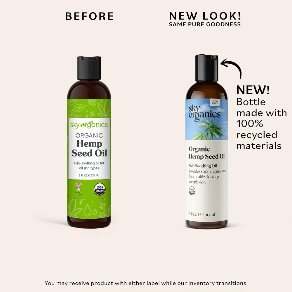 Sky Organics Organic Hemp Seed Oil for Face, 100% Pure & Cold-Pressed USDA Certified Organic to Nourish, Soothe, 8 fl. Oz.