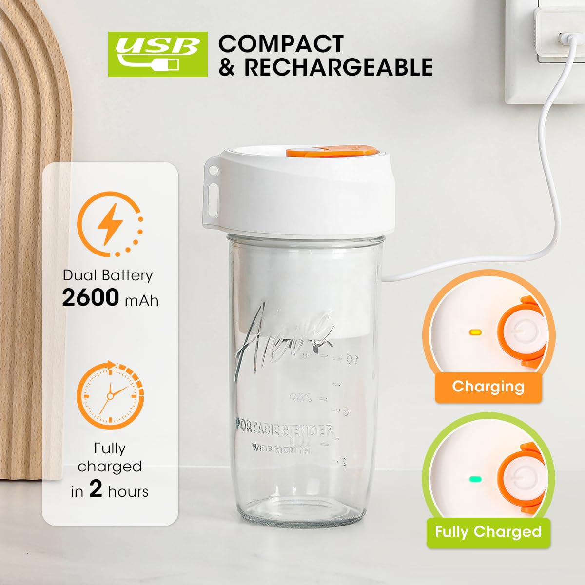 Aieve Mason Jar Blender, Personal Blender Portable Blender Cup for Wide Mouth Mason Jar (Turns Wide Mouth Mason Jar into Rechargeable Blender)