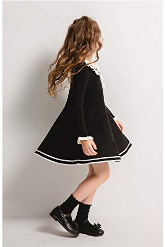 SMILING PINKER Toddler Girls Dresses Sweater Long Sleeve Winter Knitted Skater Dress Ruffle Collar (Black, 6-7 Years)
